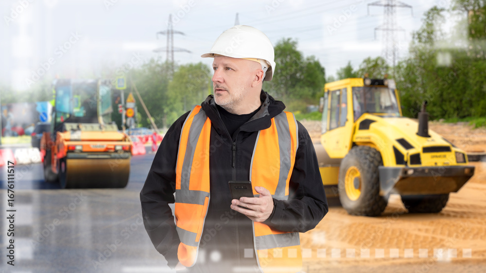 Stock-Foto „Road construction. Male builder. Construction of high-speed ...