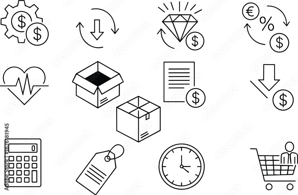 Finance icons, commerce symbols, logistics, shipping, packaging ...