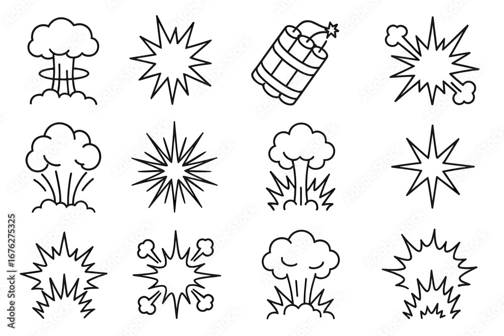 Collection of line art explosion icons featuring bursts and dynamite ...