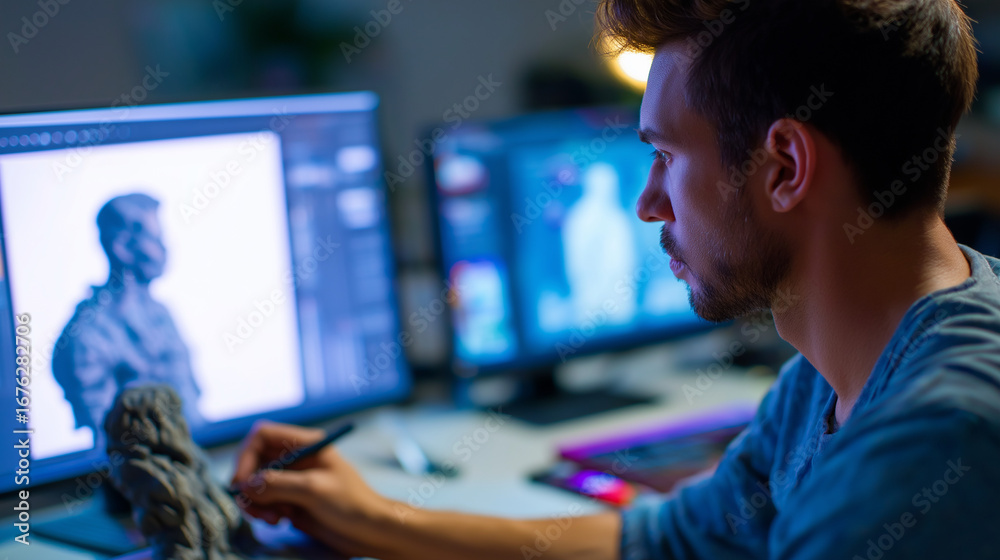 Game design artist sculpting detailed character models using digital ...