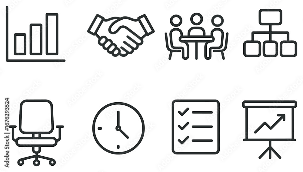 Business linear icon set. featuring chart, handshake, meeting, org ...
