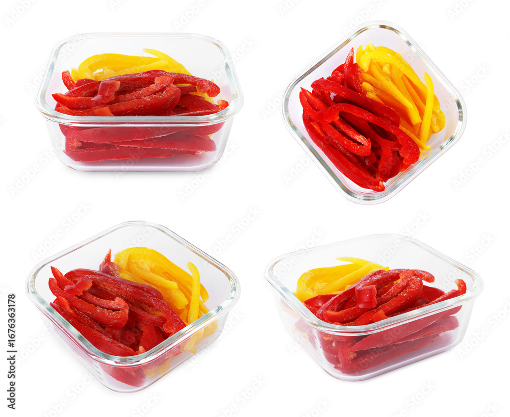 Pieces of frozen bell peppers in container isolated on white, collage ...
