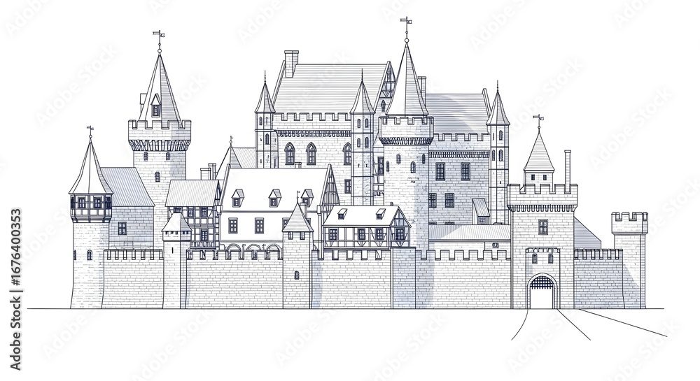 Detailed Blueprints of Medieval Castle with Towers and Walls for ...