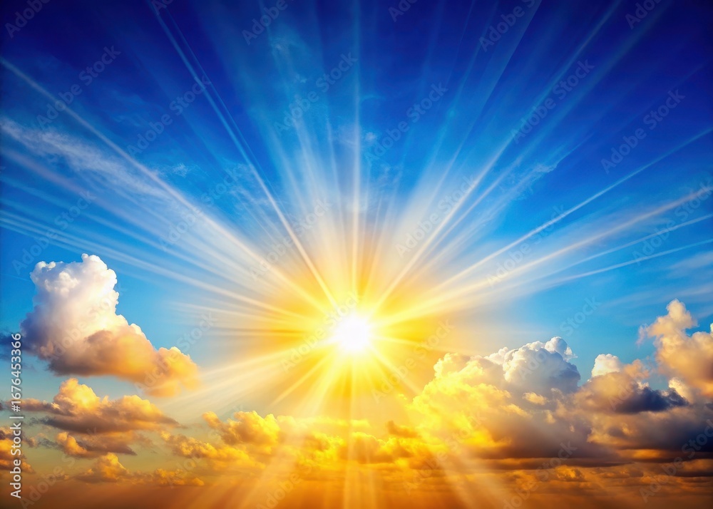 Vibrant sun rays illuminating a cloudless blue sky with warm golden ...