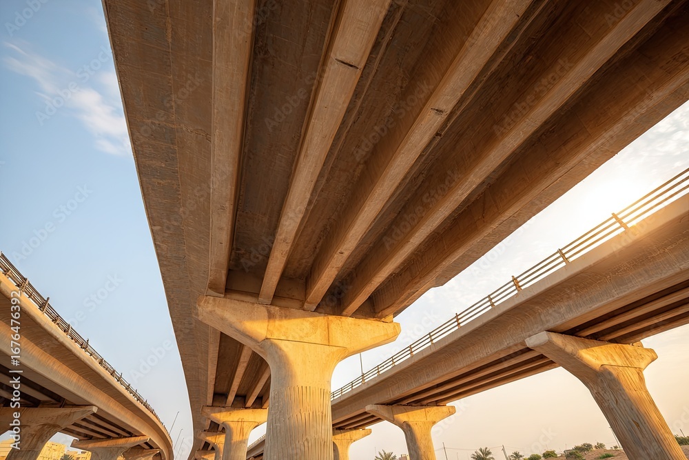Concrete highway overpass structure beneath a partly cloudy sky. Stock ...