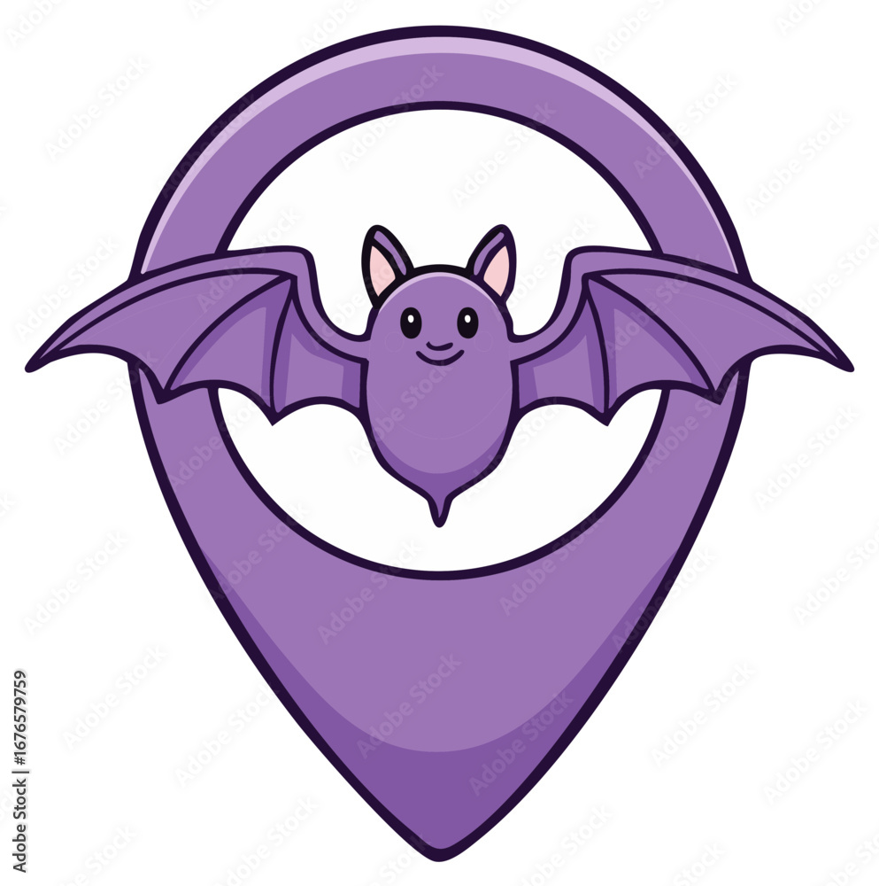 Cute purple cartoon bat flying inside a map location pin, a symbol for ...