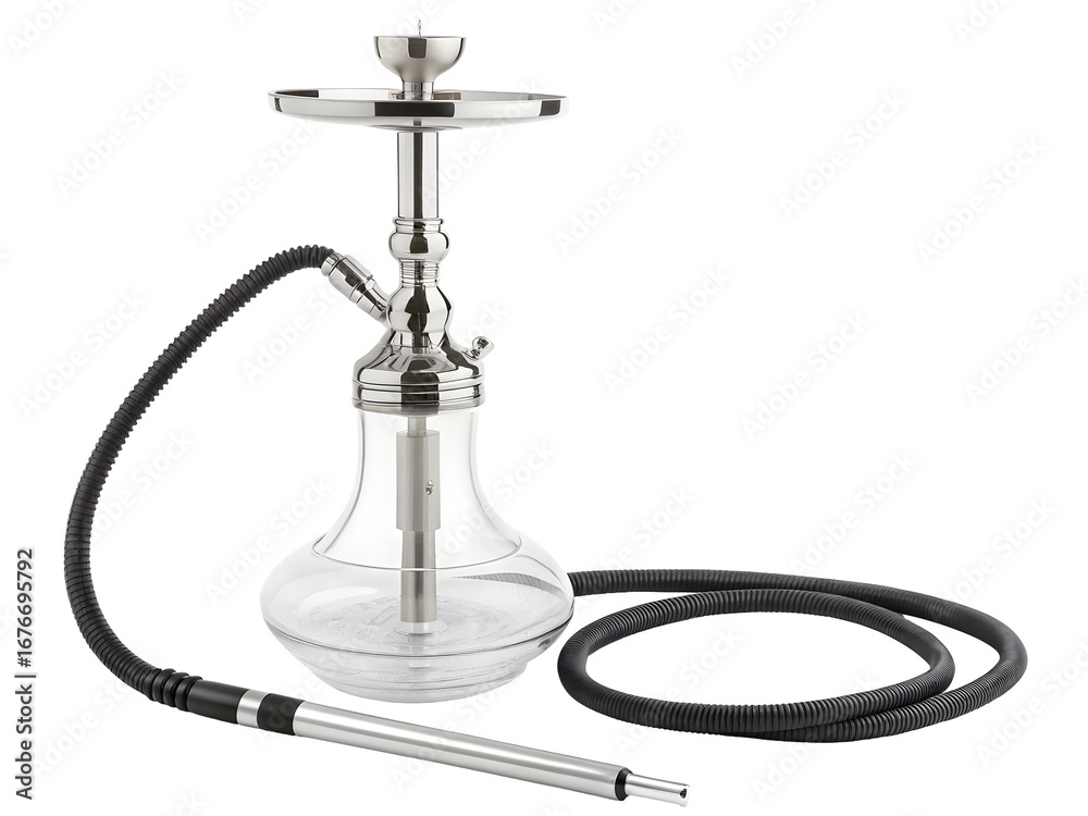 Chrome and Clear Glass Shisha Water Pipe with Black Hose and Metal Stem ...
