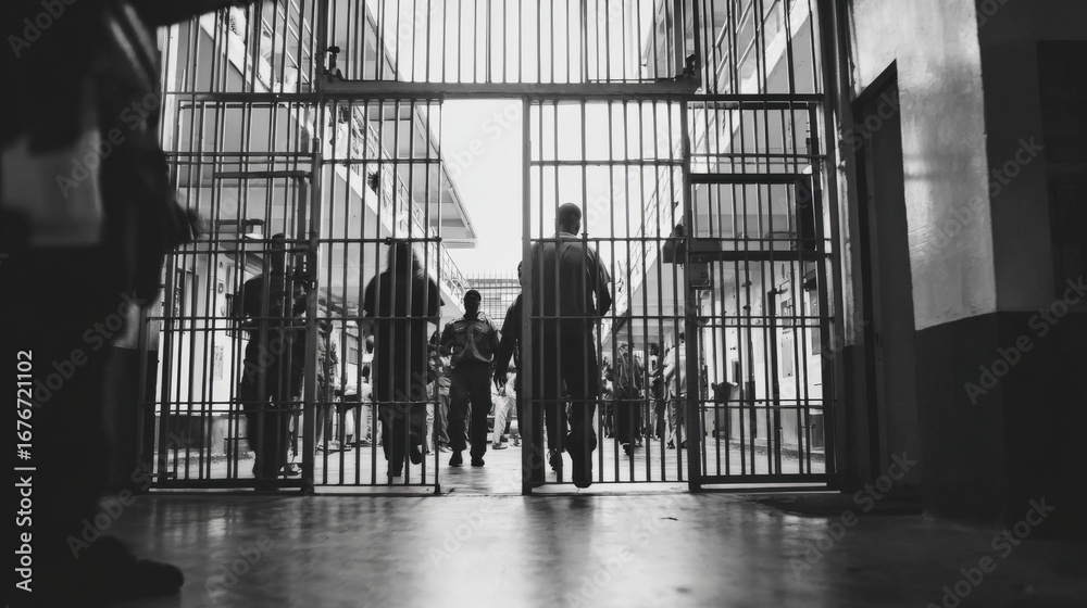 A high-security prison gate slowly opening, with prisoners walking out ...