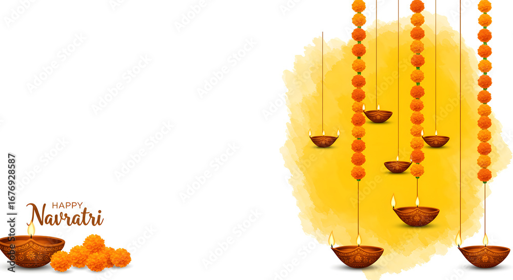 Happy navaratri festival background with a hanging diya and marigold ...
