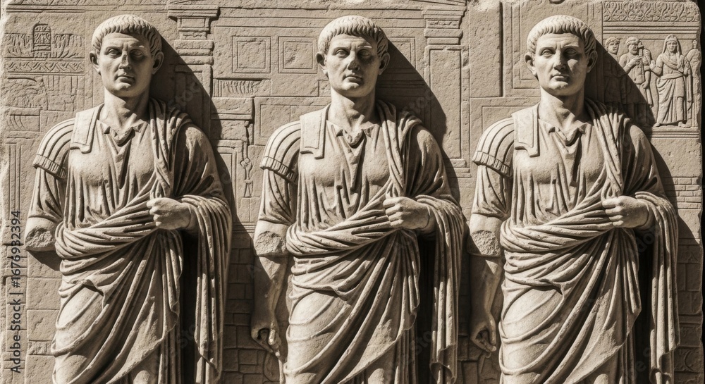 Three Ancient Stone Statues of Male Figures Standing Side by Side in ...