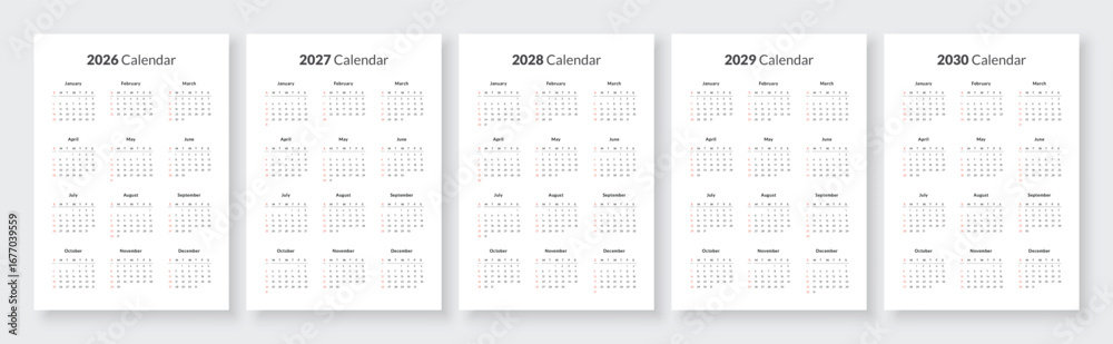 2026, 2027, 2028, 2029, 2030 year annual calendars. White background ...