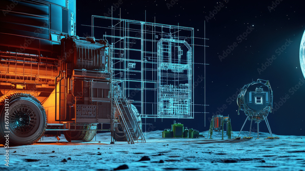 large scale 3D schematic overlay of moon base infrastructure on surface ...