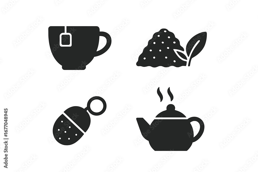 Tea brewing methods solid glyph icon set. Teabag in cup, loose leaf tea ...