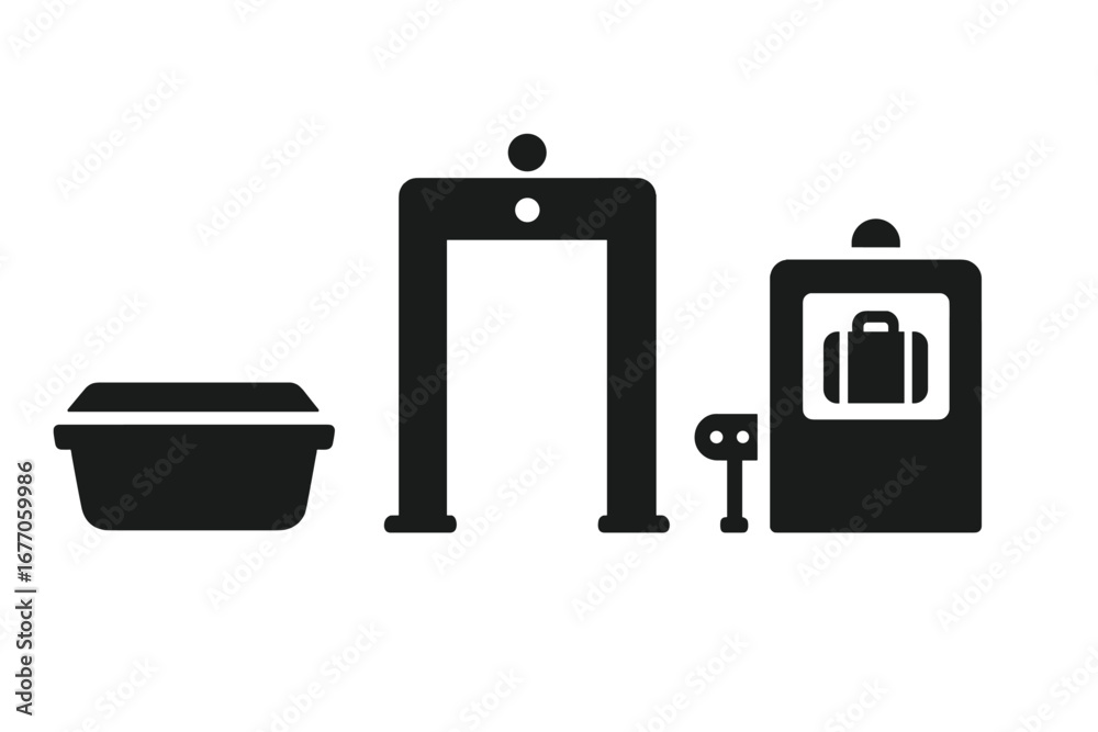 Airport security check icons. TSA checkpoint with walk-through scanner ...