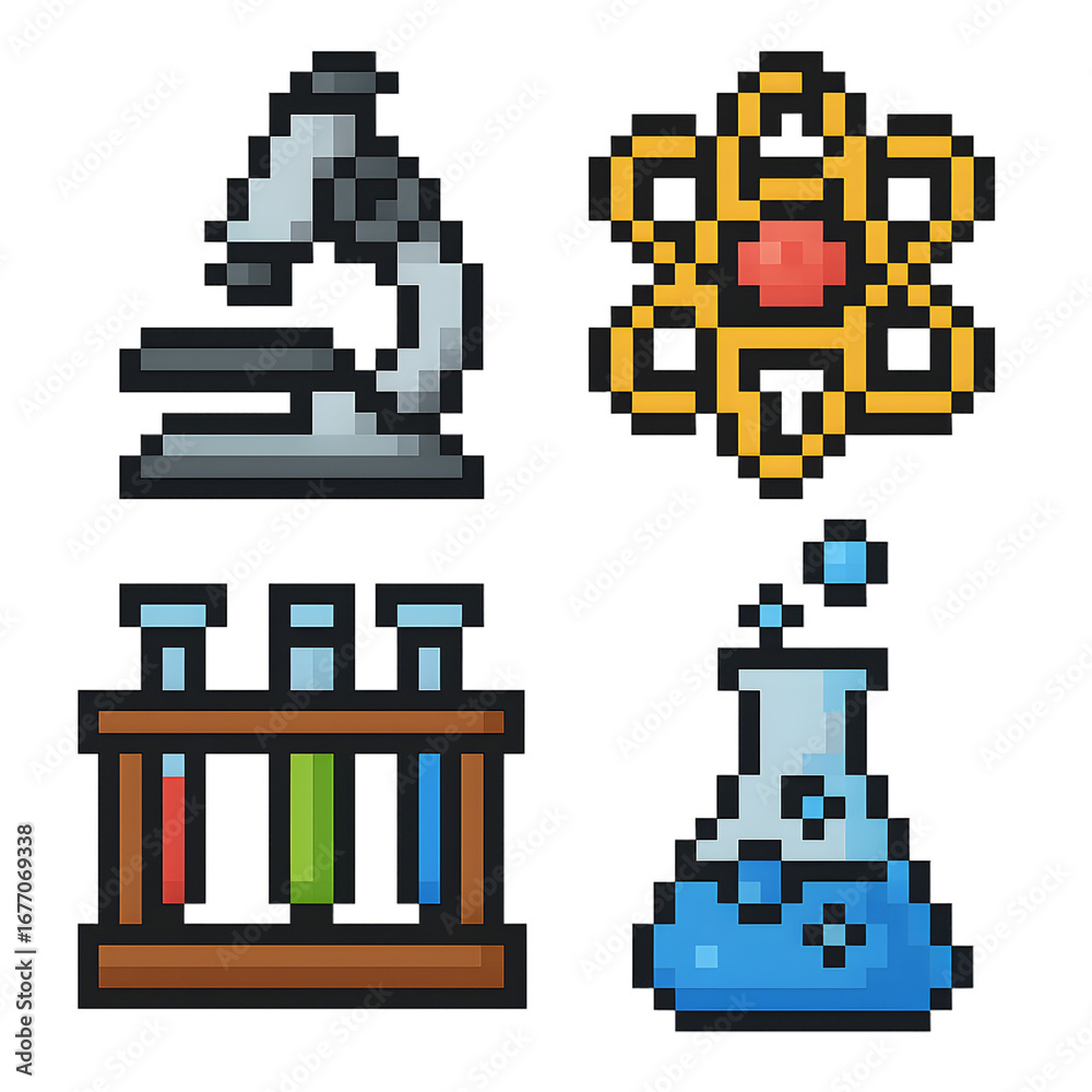 ภาพประกอบ Stock Pixel art science lab icons transparent PNG 2x2 set ...