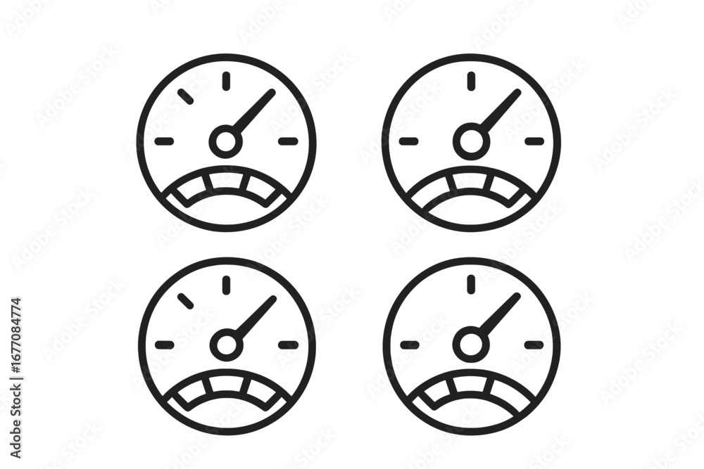 Speedometer and tachometer line icon set. Gauge indicator for dashboard ...