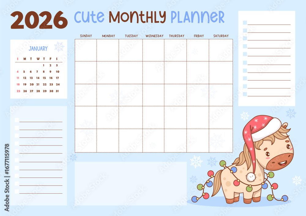 2026 January. Calendar, Monthly Planner with Cute Christmas Horse ...