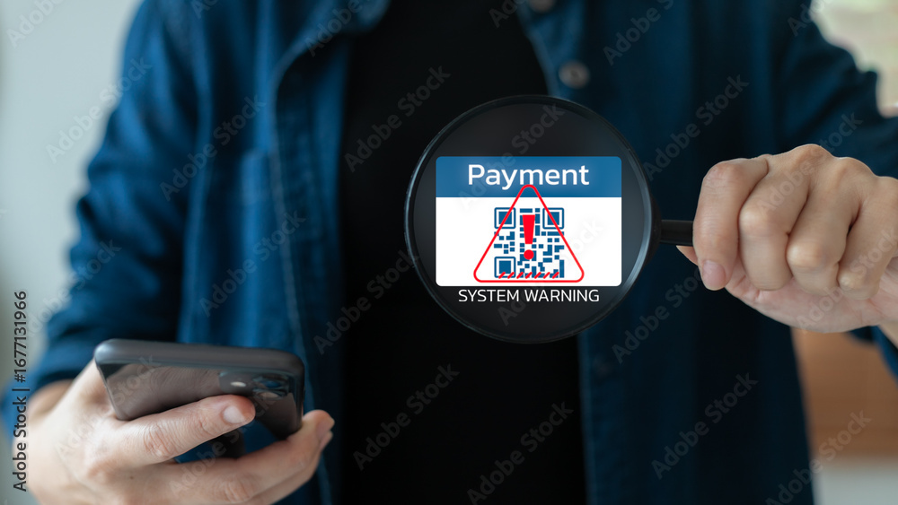 Smartphone QR code payment system showing a warning alert for fraud ...