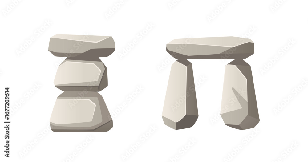 Balanced stone cairn stack and arch structure. Gray geometric rocks in ...