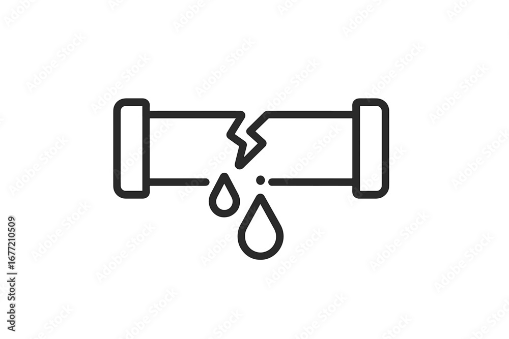 Broken pipe icon, water leak symbol. Plumbing problem, pipeline damage ...
