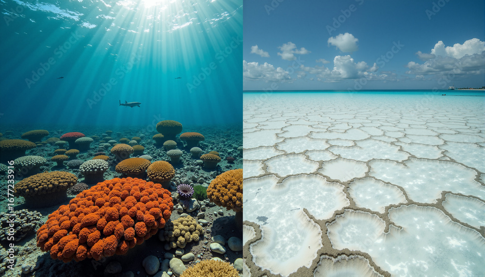 The image shows a collage of two pictures of a coral reef in the ...