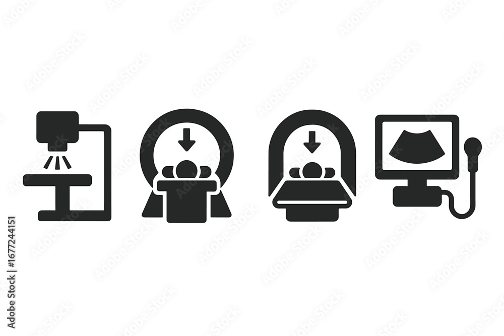 Medical imaging solid icon set. Radiology diagnostics with X-ray, CT ...