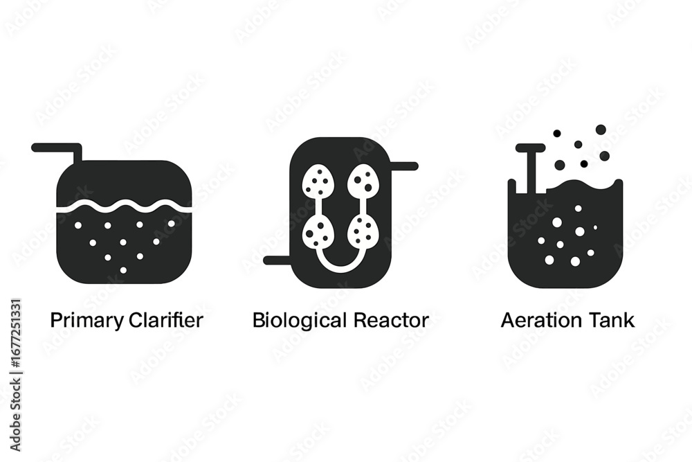 Sewer treatment process icons. Solid glyph icon set of wastewater ...