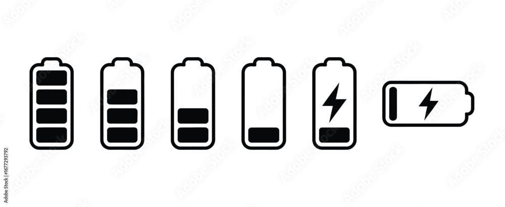A vector set of monochrome battery charge level indicator icons ...