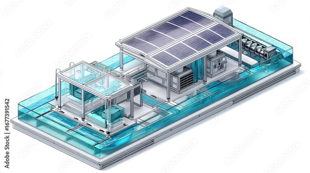 Cutaway 3D model of a solar-powered floating desalination plant with ...