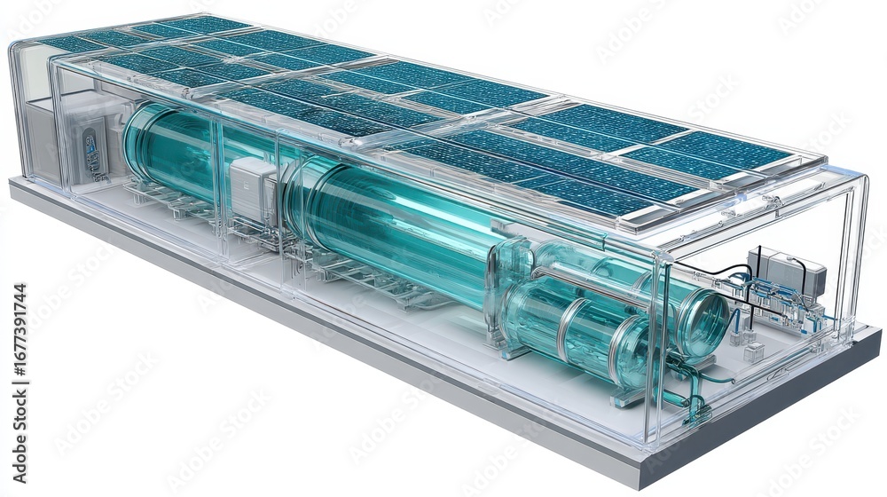 Cutaway 3D model of a solar-powered floating desalination plant with ...