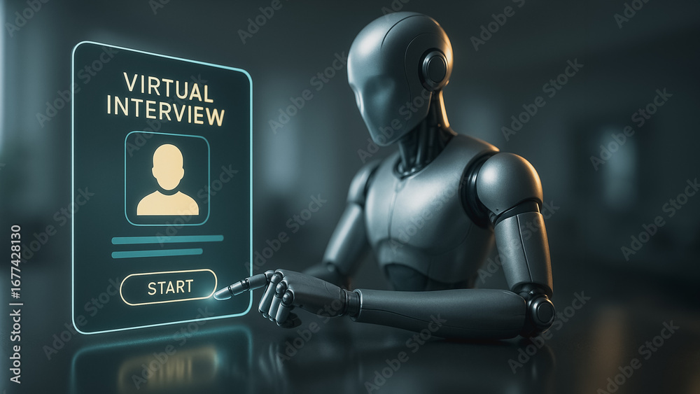 Cybernetic Interview: A futuristic representation of a robot initiating ...