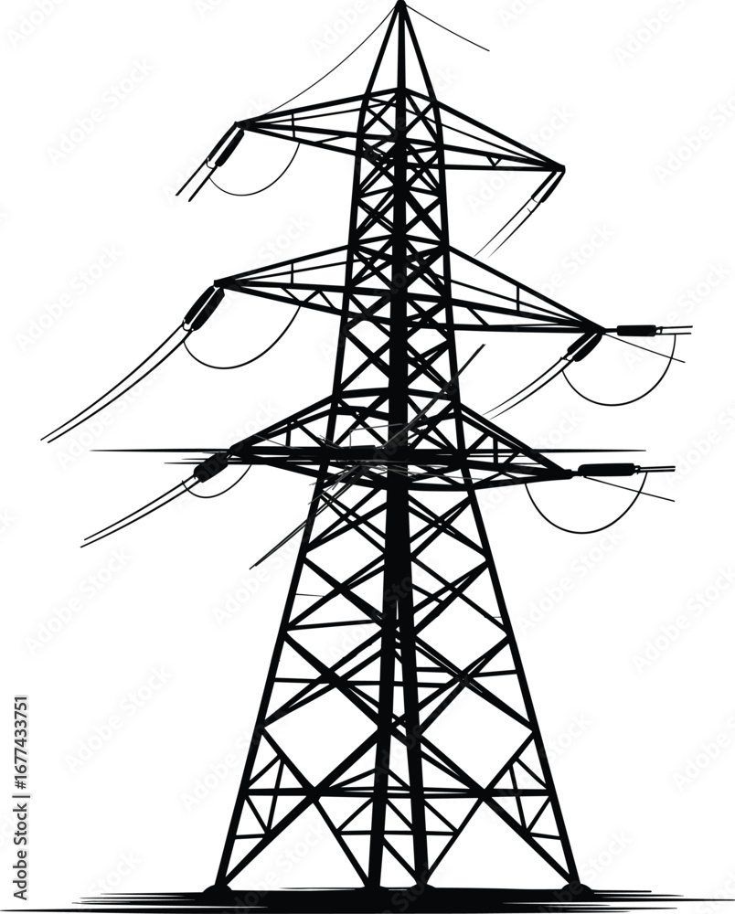 High voltage power lines, electricity pylon illustration, black and ...