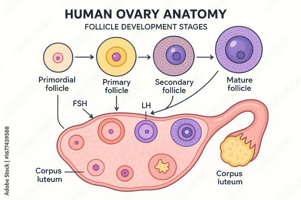 Human Ovary Anatomy Illustration, Follicle Development Stages, female ...