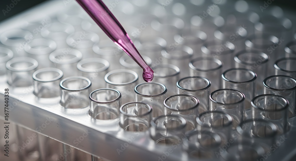 Pipette Dispensing Pink Liquid into Lab Test Tubes for Science Research ...
