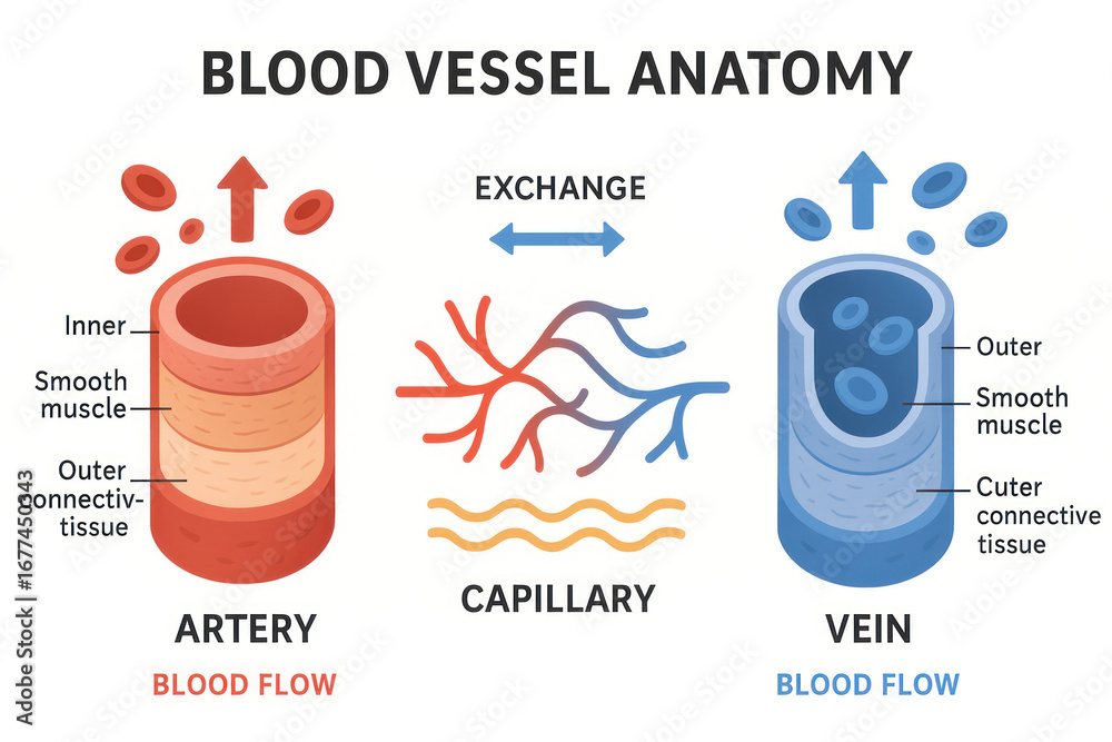 Blood Vessel Anatomy: Artery, Capillary, and Vein Illustration Stock ...