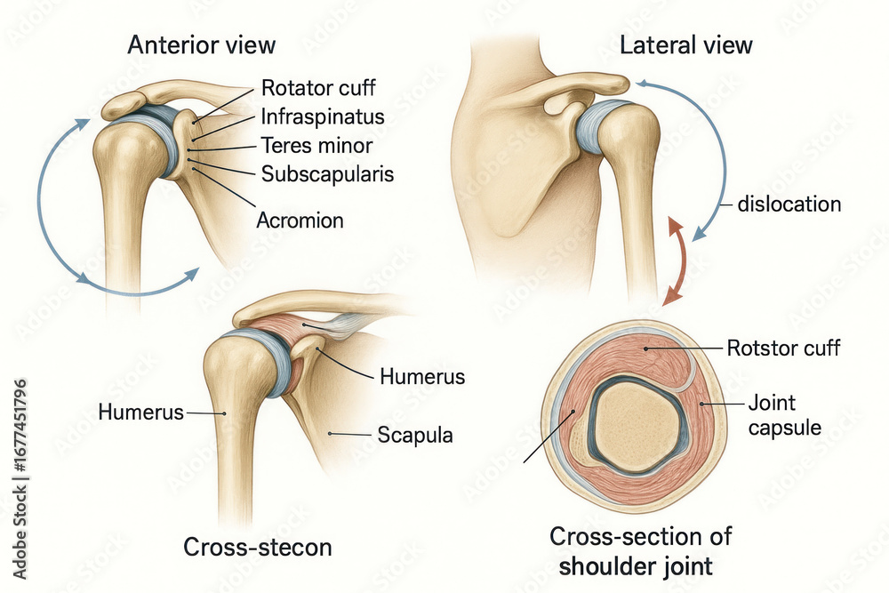 Shoulder Anatomy Illustration with Anterior, Lateral Views and Cross ...