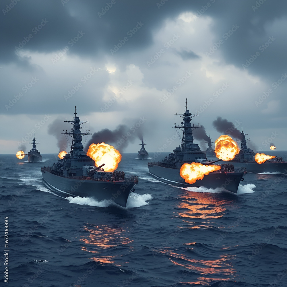 Warships engage in fierce combat on the ocean, firing their guns with ...