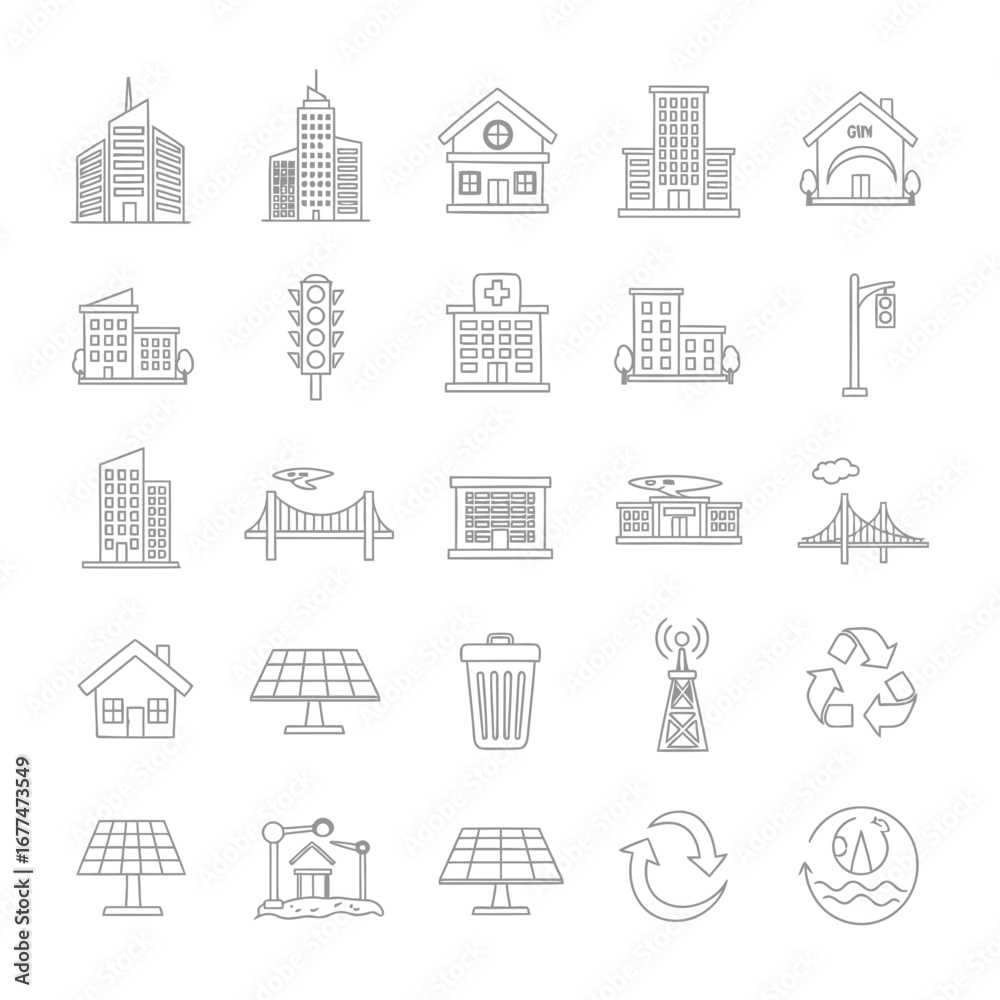 A comprehensive set of line art icons depicting urban buildings ...