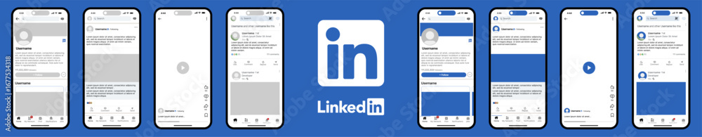 LinkedIn app interface mockup with profile, job search feed, posts ...