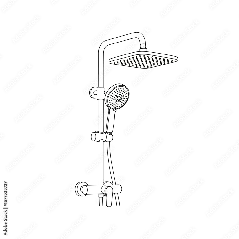 Line drawing of a modern shower system with a square overhead ...