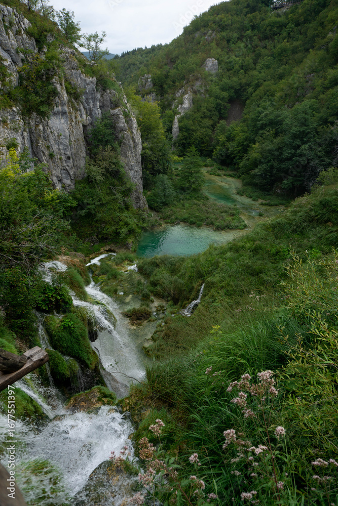 Multiple level lake system and waterfalls at the Plitvice Lakes ...