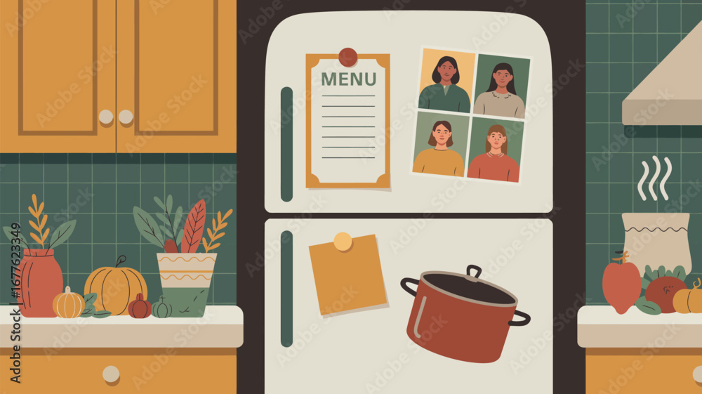 A kitchen scene with a refrigerator decorated with photos and a menu ...