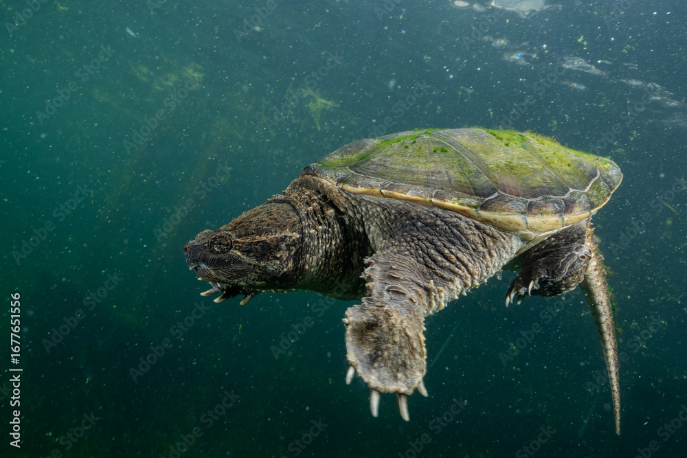 Common snapping turtle underwater in a lake Stock Photo | Adobe Stock