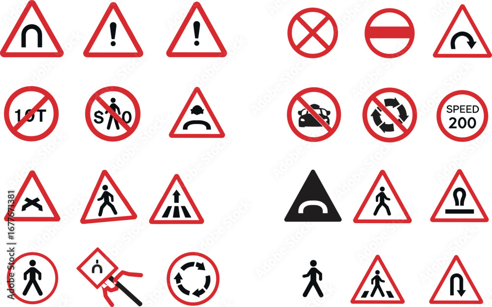 Collection of Traffic and Road Warning Signs Vector Icons with ...