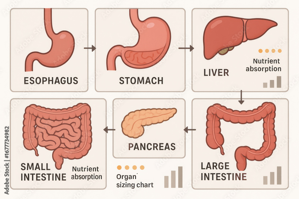 Human Digestive System Illustration: Esophagus to Intestines, Organ ...