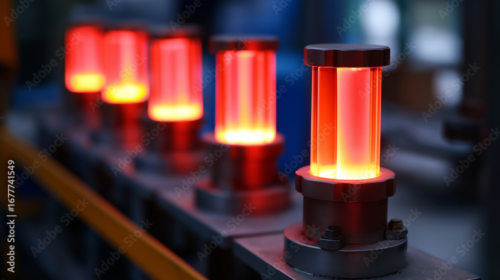 Coke production facility with battery ovens glowing red hot during coal ...