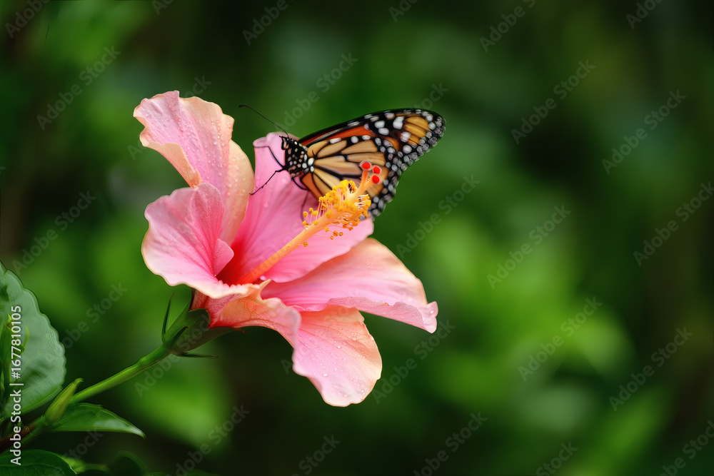 Butterfly's Embrace on Hibiscus: A Monarch butterfly delicately rests ...