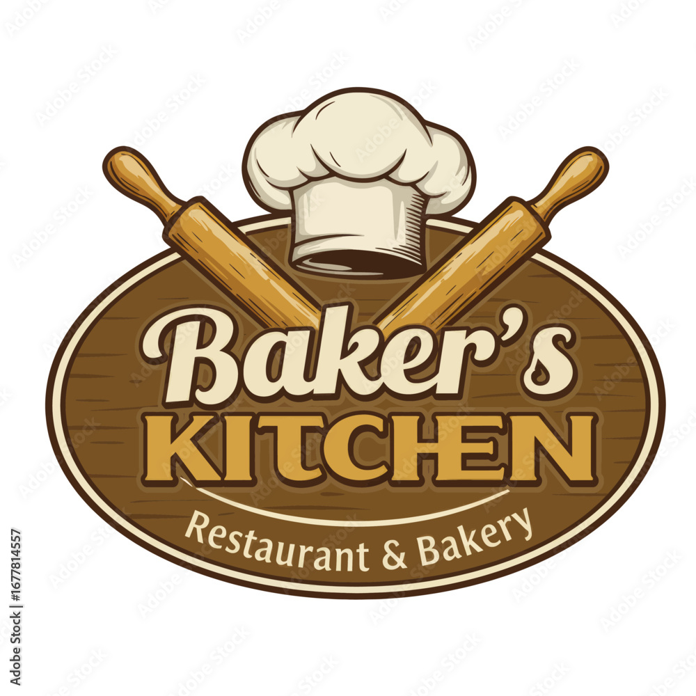 Detailed logo featuring a chef's hat, rolling pins, and the words 'Baker's Kitchen Restaurant ...