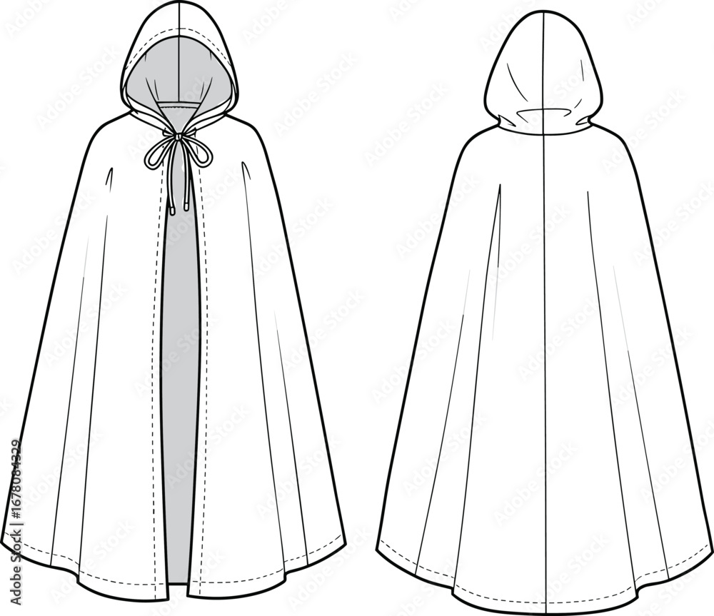 Hooded cloak fashion flat, cape coat technical sketch, vector line ...