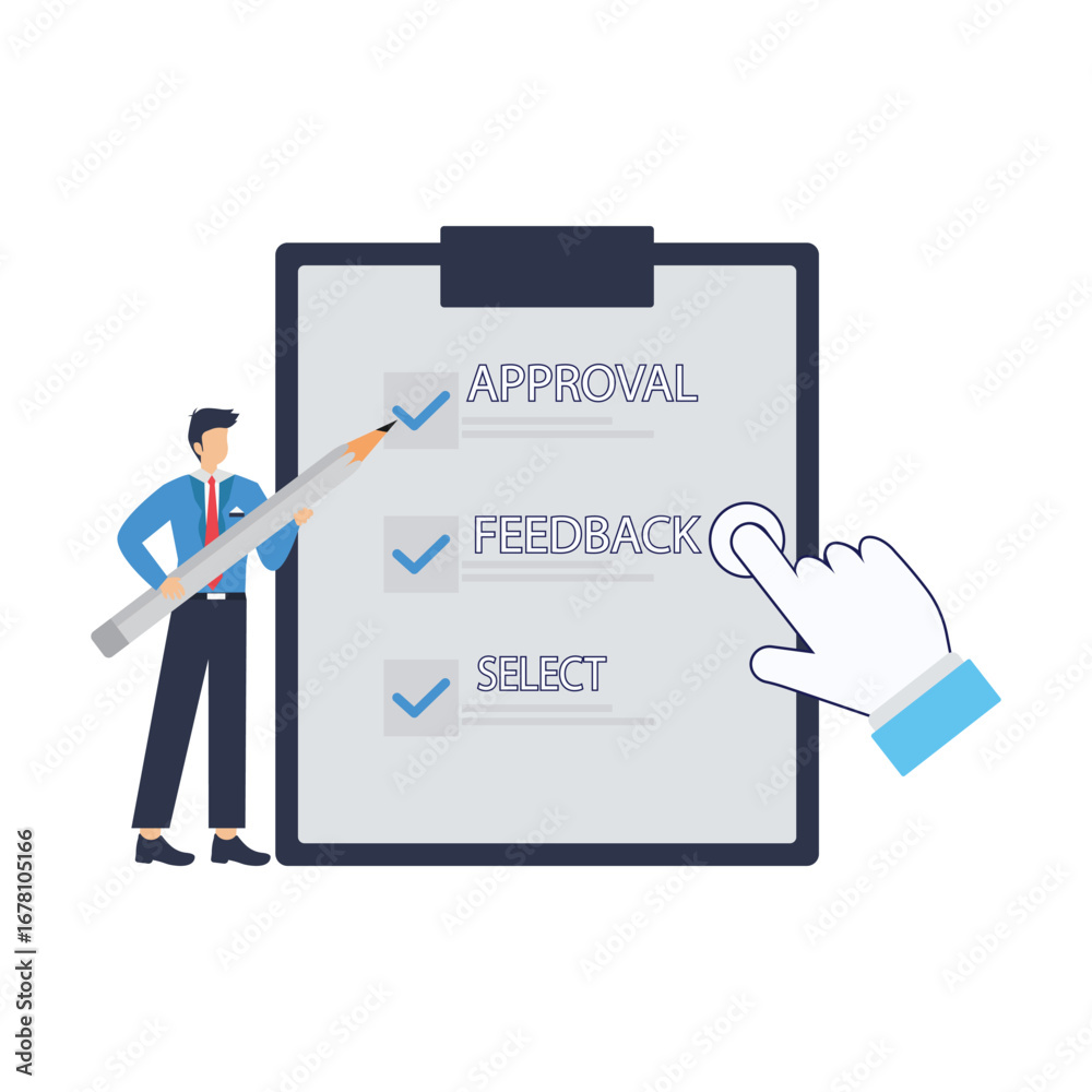 Businessman with giant pencil selecting option from checklist for ...